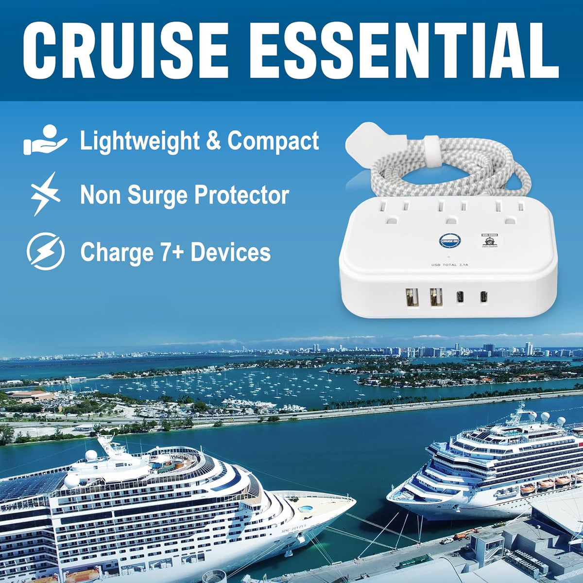 Cruise Approved Non-Surge Power Hub, 3.3 ft Extension Cord [2 USB, 2 U ...