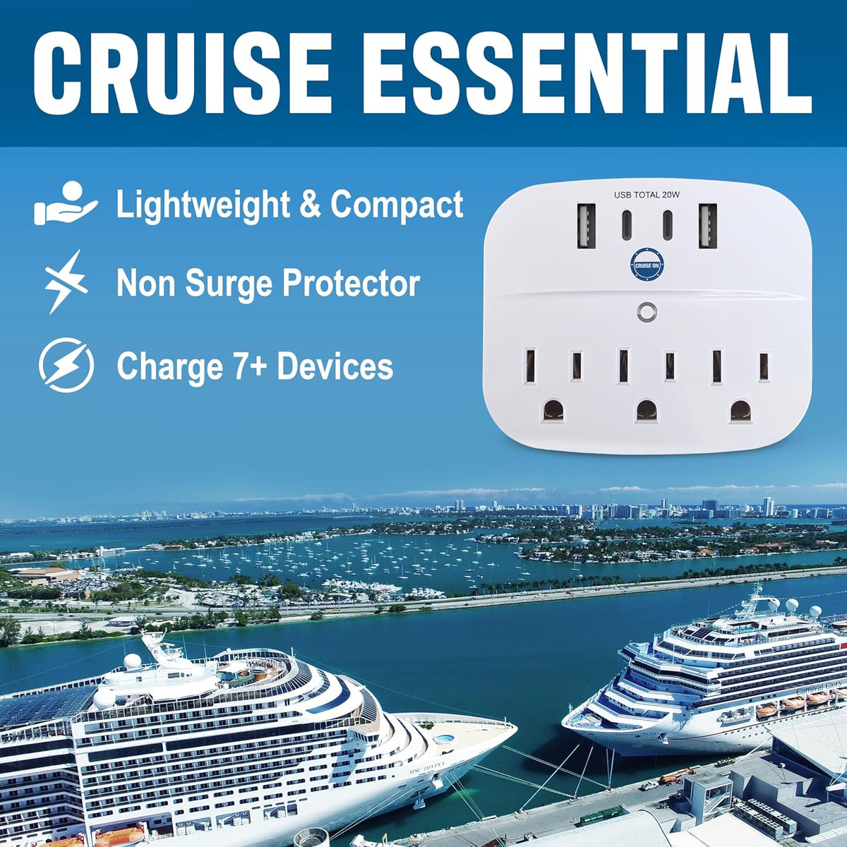 Cruise Approved Power Strip, Non Surge [2 USB-C, 2 USB, 3 AC] – Cruise On